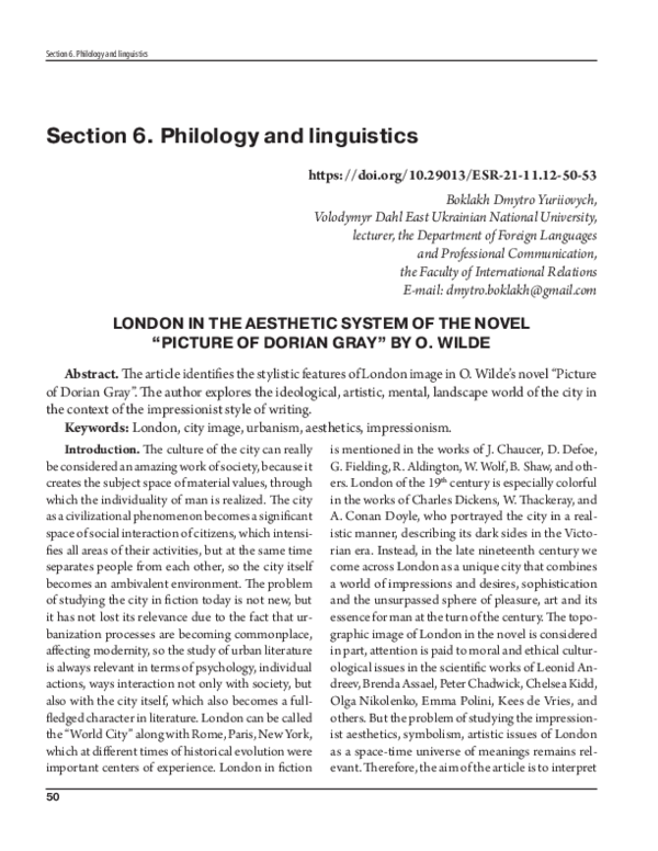 (PDF) London in the aesthetic system of the novel “Picture of Dorian ...