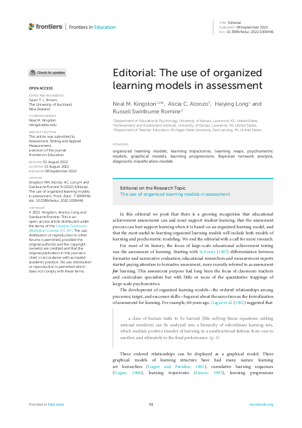 (PDF) Editorial: The use of organized learning models in assessment