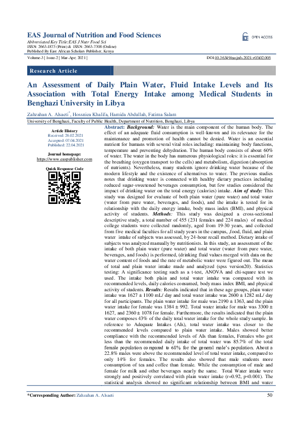 (PDF) An Assessment of Daily Plain Water, Fluid Intake Levels and Its ...