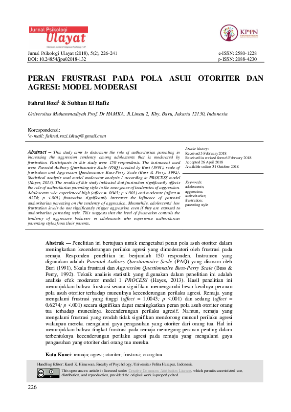 (PDF) Peran Frustrasi Pada Pola Asuh Otoriter Dan Agresi: Model ...