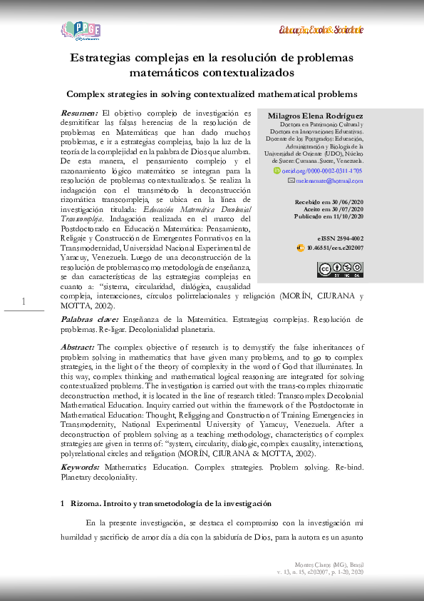 (PDF) Estrategias complejas en la resolución de problemas matemáticos contextualizados
