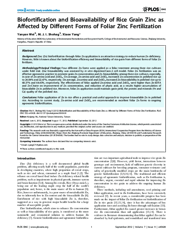 (PDF) Biofortification and Bioavailability of Rice Grain Zinc as ...