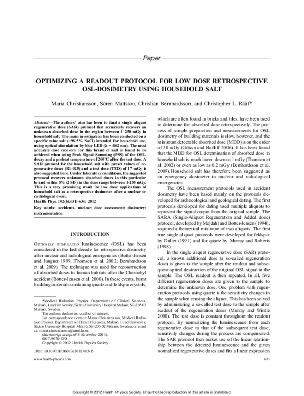 (PDF) Optimizing a Readout Protocol for Low Dose Retrospective OSL-Dosimetry Using Household ...