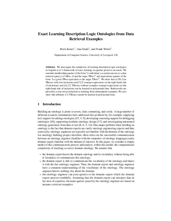 Pdf Exact Learning Description Logic Ontologies From Data Retrieval Examples