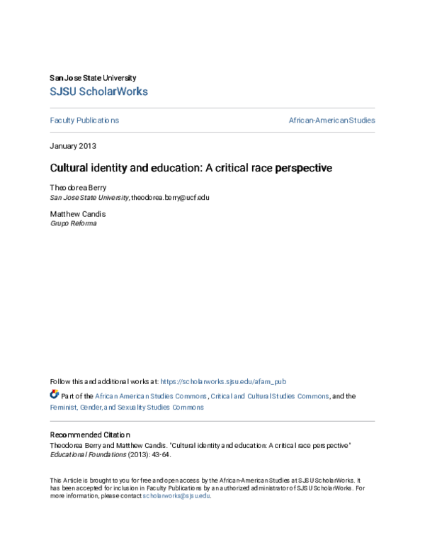 (PDF) Cultural Identity and Education: A Critical Race Perspective