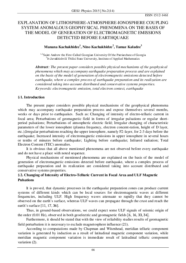 (PDF) Explanation of Lithosphere-Atmosphere-Ionosphere Coupling System Anomalous Geophysical ...