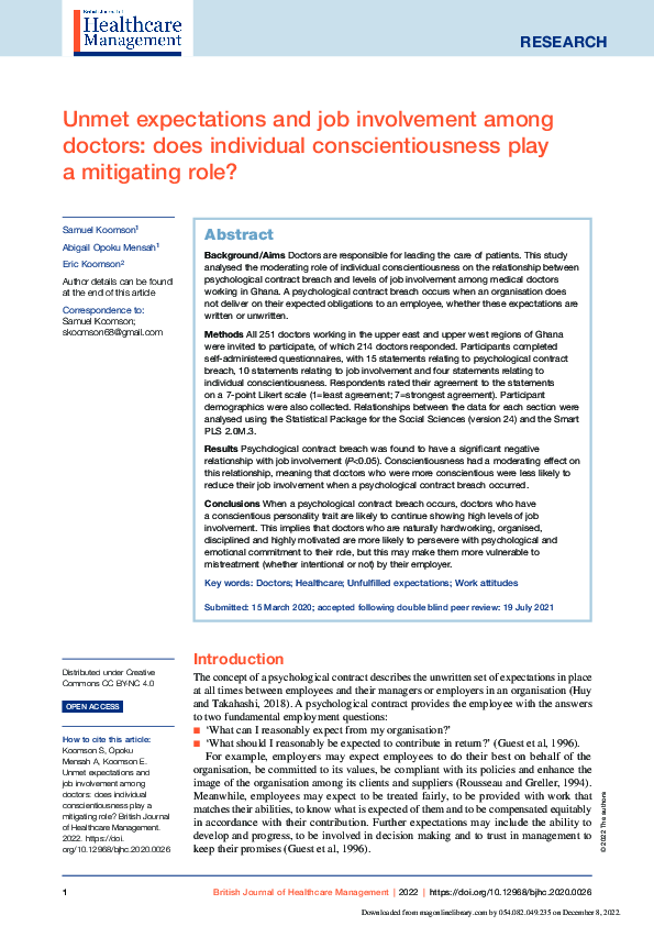 (PDF) Unmet expectations and job involvement among doctors: does ...