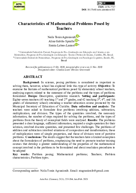 (PDF) Characteristics of Mathematical Problems Posed by Teachers ...