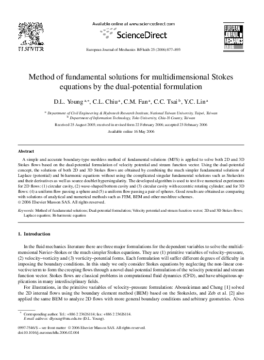 (PDF) Method of fundamental solutions for multidimensional Stokes equations by the dual ...