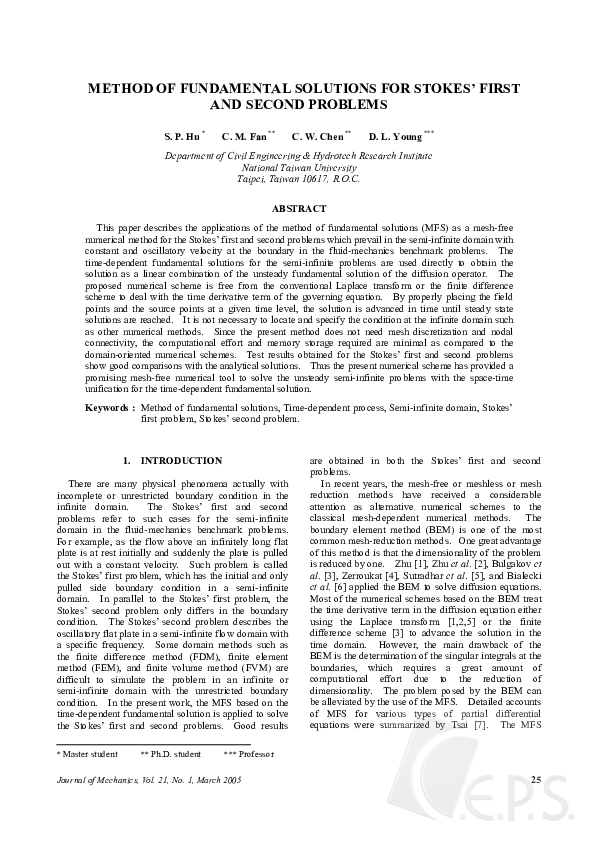 (PDF) Method of Fundamental Solutions for Stokes' First and Second Problems