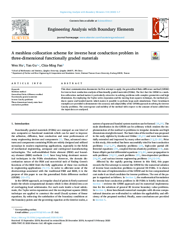 Pdf A Meshless Collocation Scheme For Inverse Heat Conduction Problem In Three Dimensional