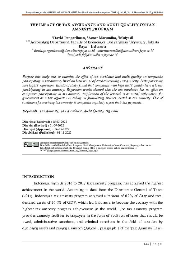 (PDF) The Impact of Tax Avoidance and Audit Quality on Tax Amnesty Program