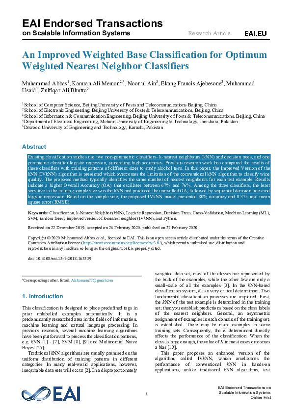 (PDF) An Improved Weighted Base Classification for Optimum Weighted Nearest Neighbor Classifiers
