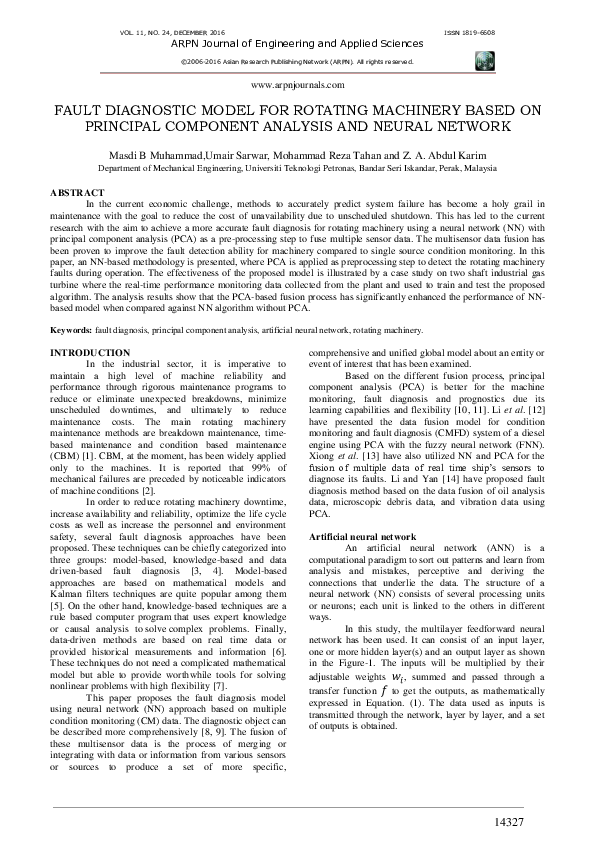 Pdf Fault Diagnostic Model For Rotating Machinery Based On Principal Component Analysis And