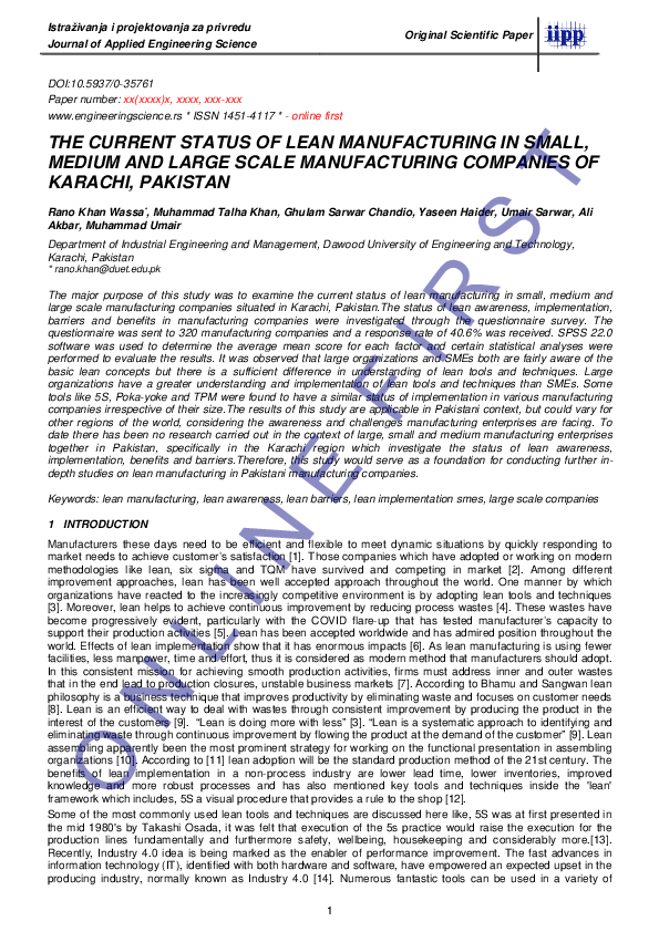 (PDF) The current status of lean manufacturing in small, medium and ...