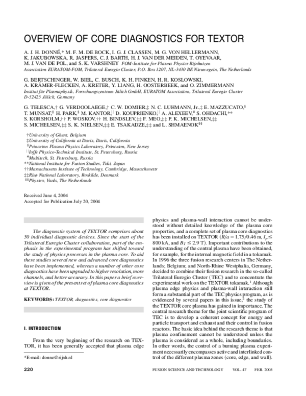 (PDF) Overview of Core Diagnostics for TEXTOR | Erekle Tsakadze ...