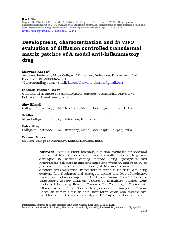 (PDF) Development, characterization and in VIVO evaluation of diffusion controlled transdermal ...