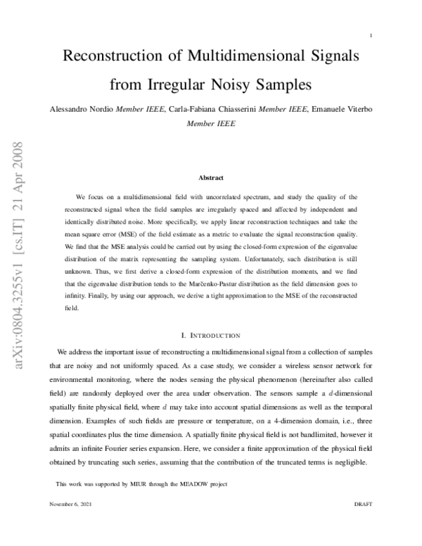 (PDF) Reconstruction of Multidimensional Signals From Irregular Noisy Samples | Alessandro ...