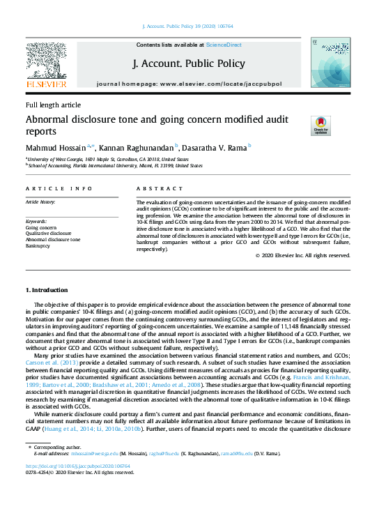 (PDF) Abnormal disclosure tone and going concern modified audit reports
