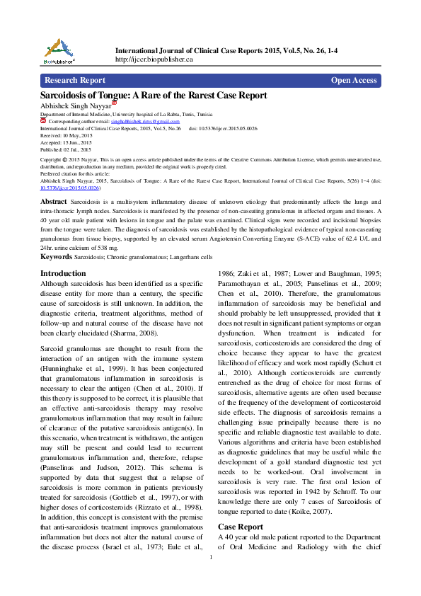 Pdf Sarcoidosis Of Tongue A Rare Of The Rarest Case Report
