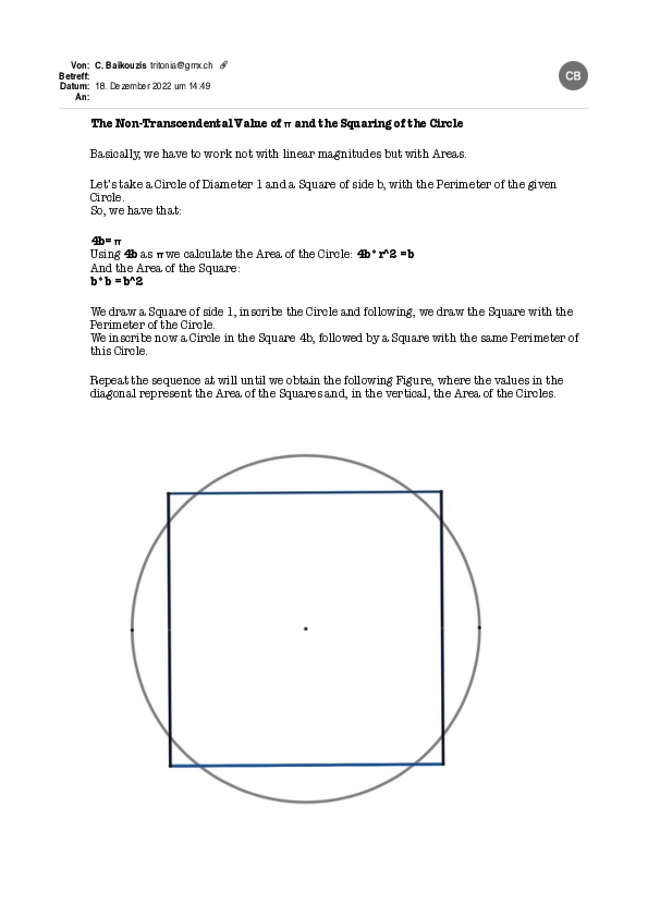 (PDF) The Non Transcendental Value of π and the Squaring of the Circle 2
