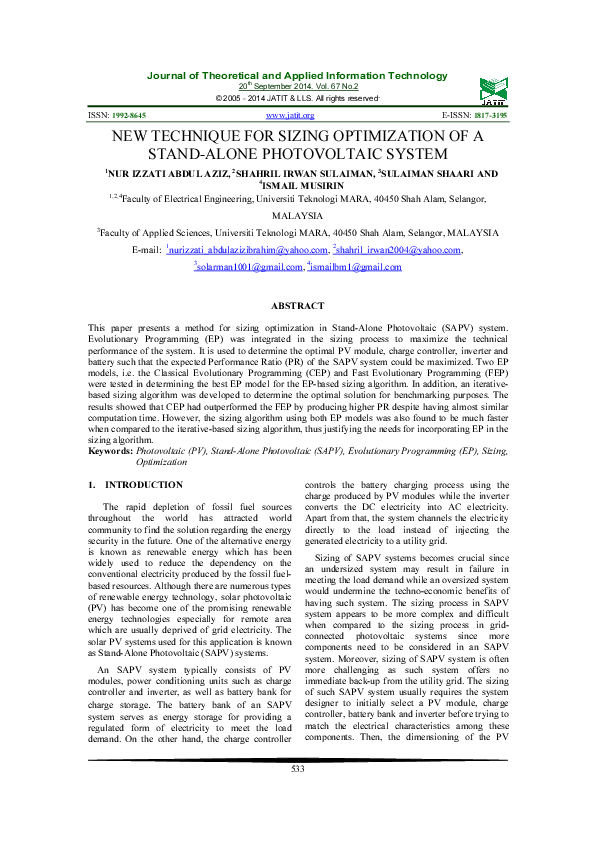 (PDF) New technique for sizing optimization of a stand-alone photovoltaic system
