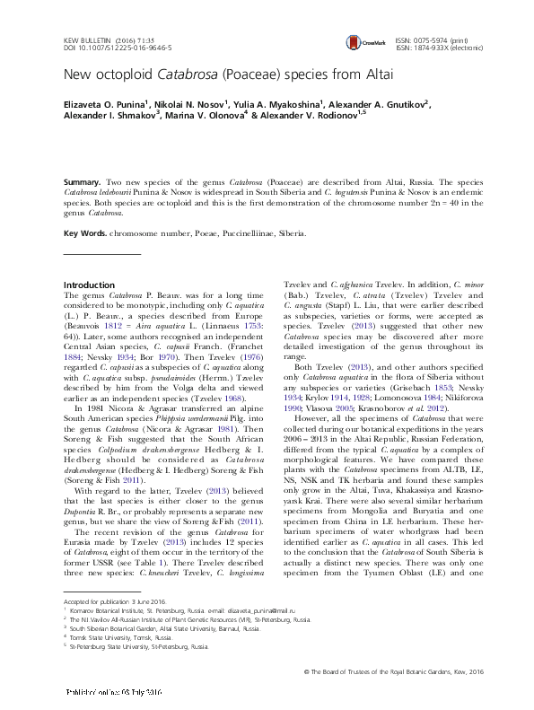 (PDF) New octoploid Catabrosa (Poaceae) species from Altai