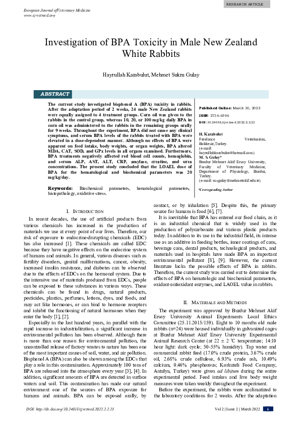 (PDF) Investigation of BPA Toxicity in Male New Zealand White Rabbits