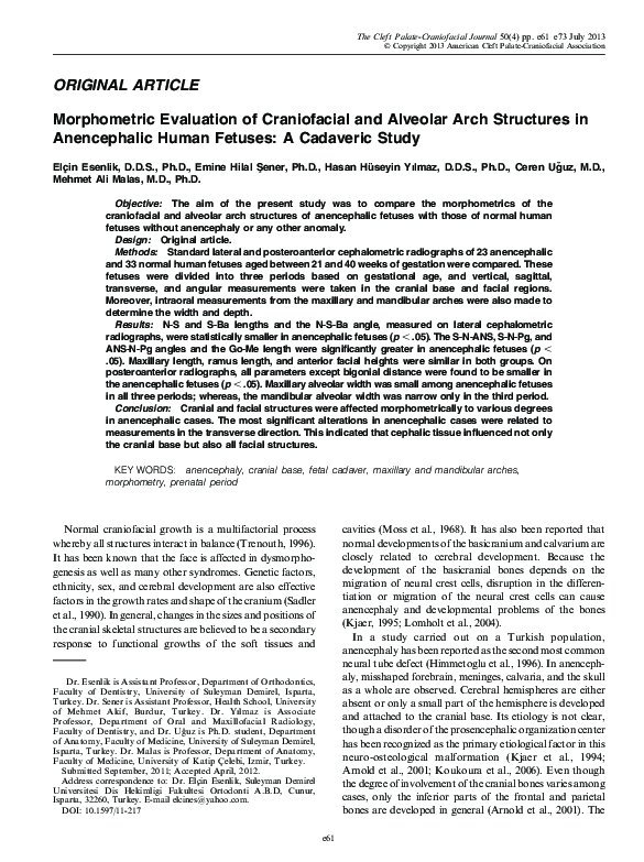 (PDF) Morphometric Evaluation of Craniofacial and Alveolar Arch ...