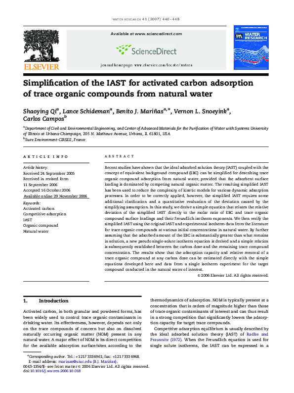 (PDF) Simplification of the IAST for activated carbon adsorption of trace organic compounds from ...