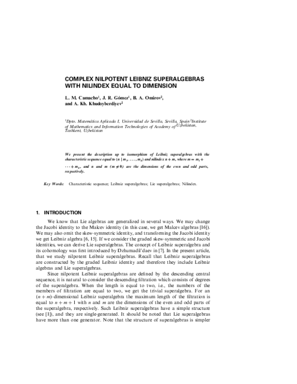 (PDF) Complex Nilpotent Leibniz Superalgebras with Nilindex Equal to ...