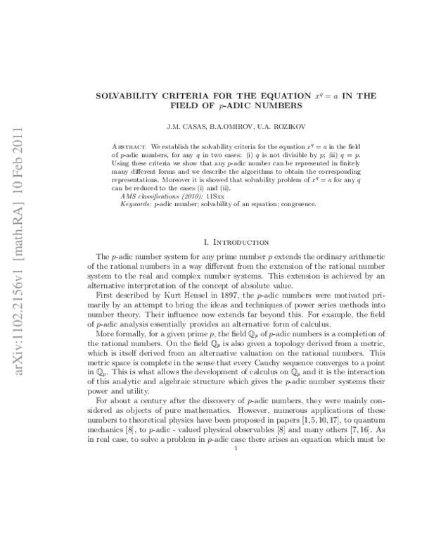 (PDF) Solvability criteria for the equation $x^q=a$ in the field of $p$-adic numbers