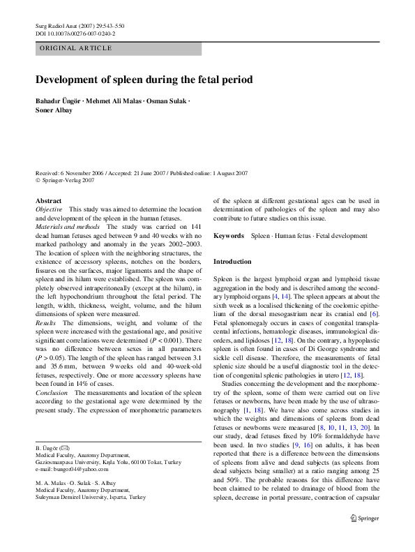(PDF) Development of spleen during the fetal period