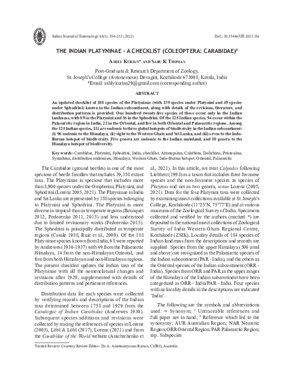 (PDF) The Indian Platyninae – A Checklist (Coleoptera: Carabidae)