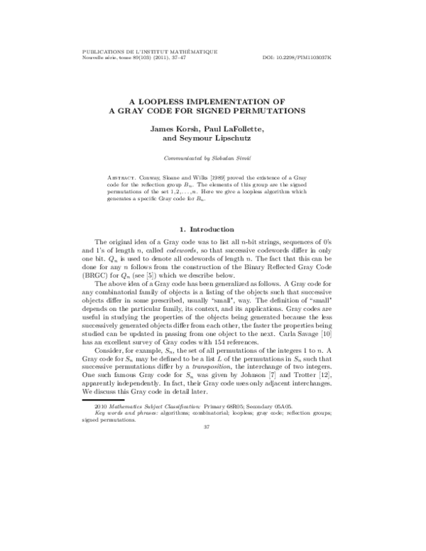 (PDF) A loopless implementation of a gray code for signed permutations