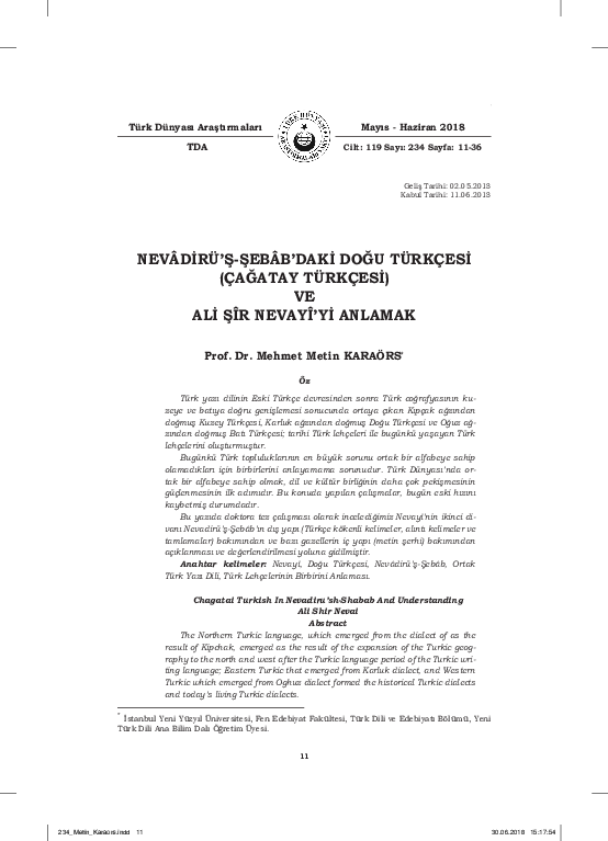 (PDF) Nevâdi̇rü’Ş-Şebâb’Daki̇ Doğu Türkçesi̇ (Çağatay Türkçesi̇) Ve ...