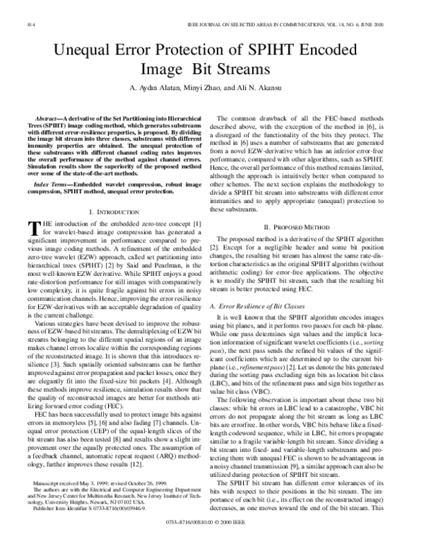 Pdf Unequal Error Protection Of Spiht Encoded Image Bit Streams Aydin Alatan 
