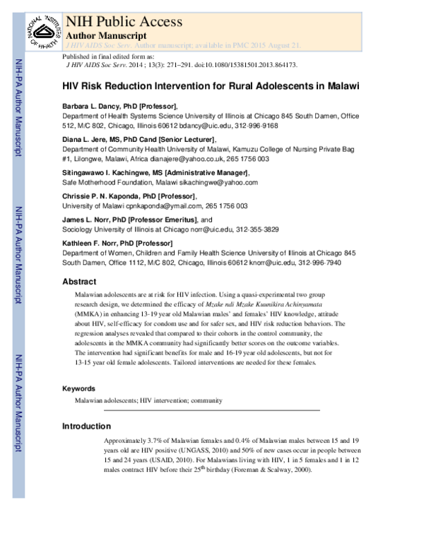 (PDF) HIV Risk Reduction Intervention for Rural Adolescents in Malawi