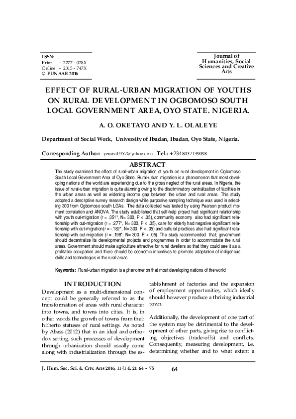 (PDF) Effect of Rural-Urban Migration of Youths on Rural Development in ...