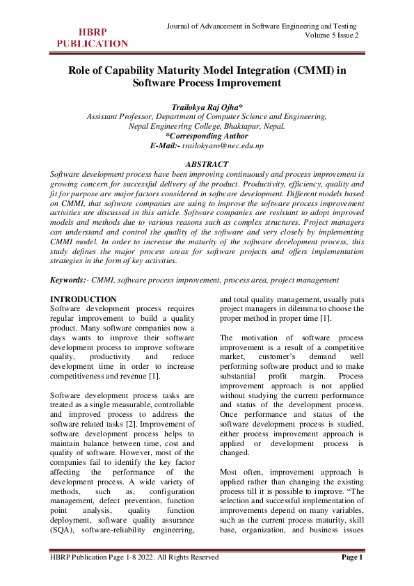 (PDF) Role of Capability Maturity Model Integration (CMMI) in Software Process Improvement