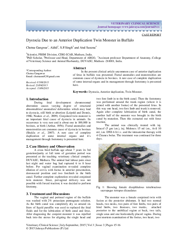 (PDF) Dystocia Due to an Anterior Duplication Twin Monster in Buffalo