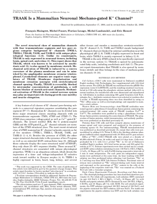 (PDF) TRAAK Is a Mammalian Neuronal Mechano-gated K+Channel