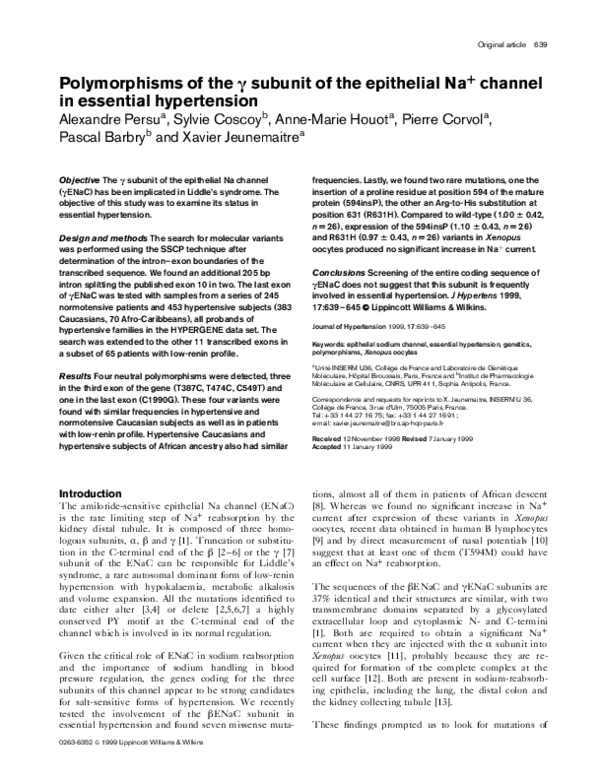 (PDF) Polymorphisms of the γ subunit of the epithelial Na+ channel in ...