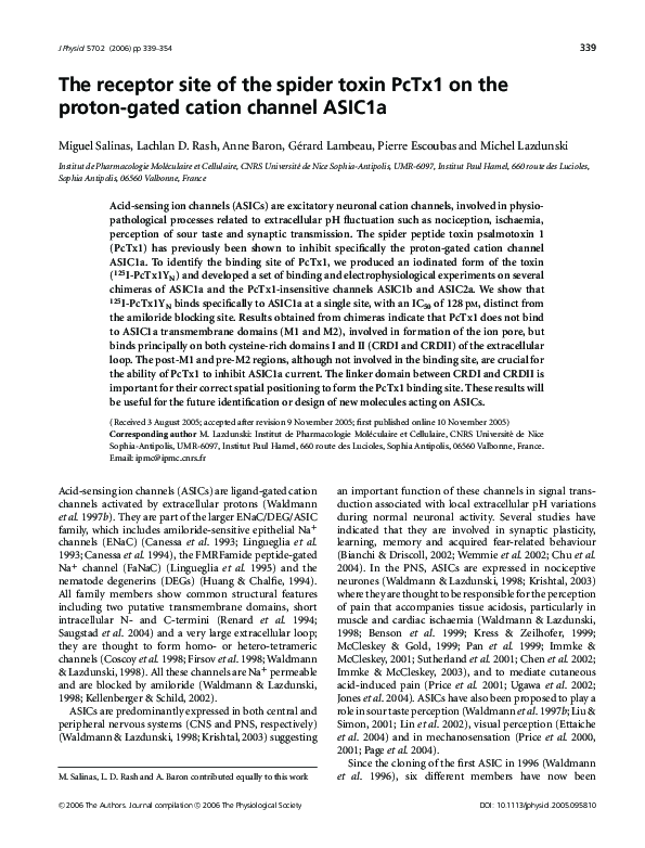 (PDF) The receptor site of the spider toxin PcTx1 on the proton-gated ...