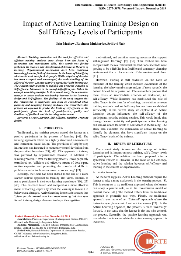 (PDF) Impact of Active Learning Training Design on Self Efficacy Levels of Participants
