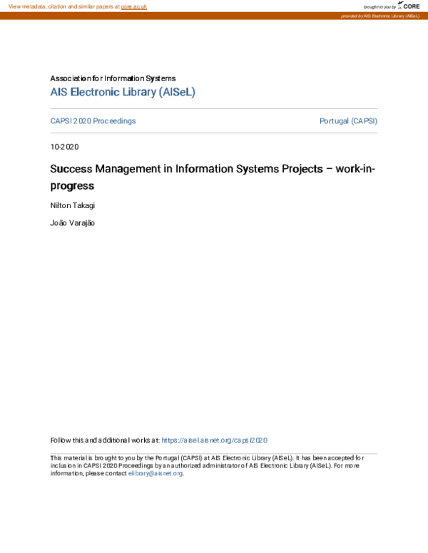 (PDF) Success management in information systems projects – work-in-progress