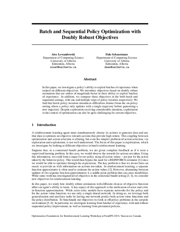 Pdf Batch And Sequential Policy Optimization With Doubly Robust Objectives
