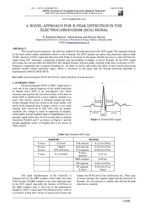 (PDF) A Novel Approach for R-Peak Detection in the Electrocardiogram ( Ecg ) Signal