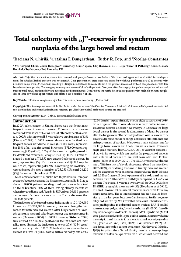 (PDF) Total colectomy with "J"-reservoir for synchronous neoplasia of ...