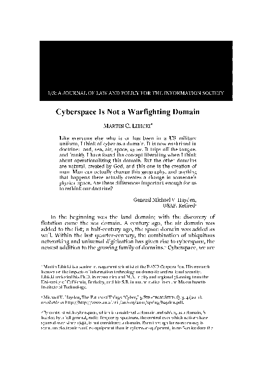 (PDF) Cyberspace Is Not a Warfighting Domain